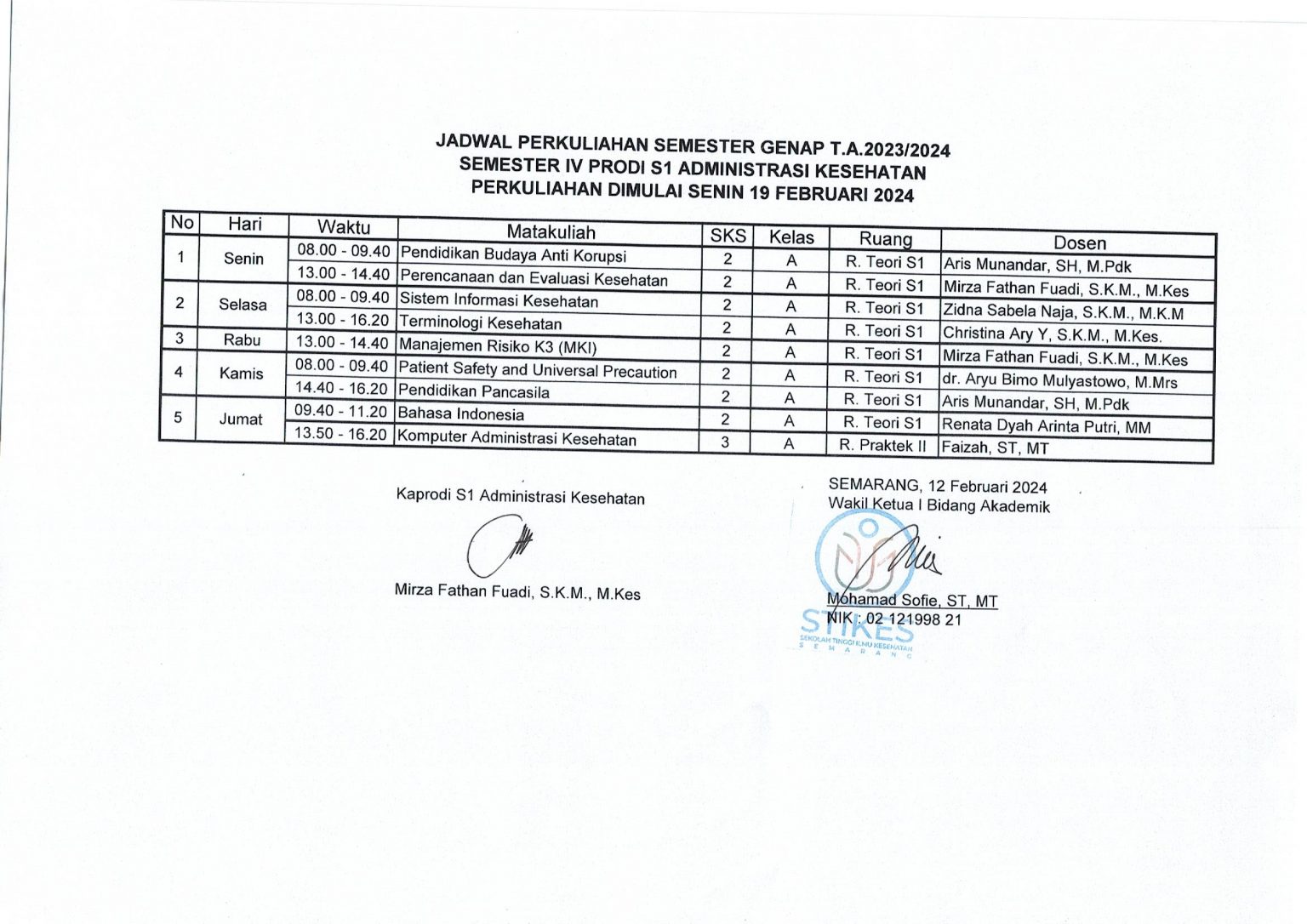 Jadwal Perkuliahan Semester GENAP 2023/2024 - Stikes